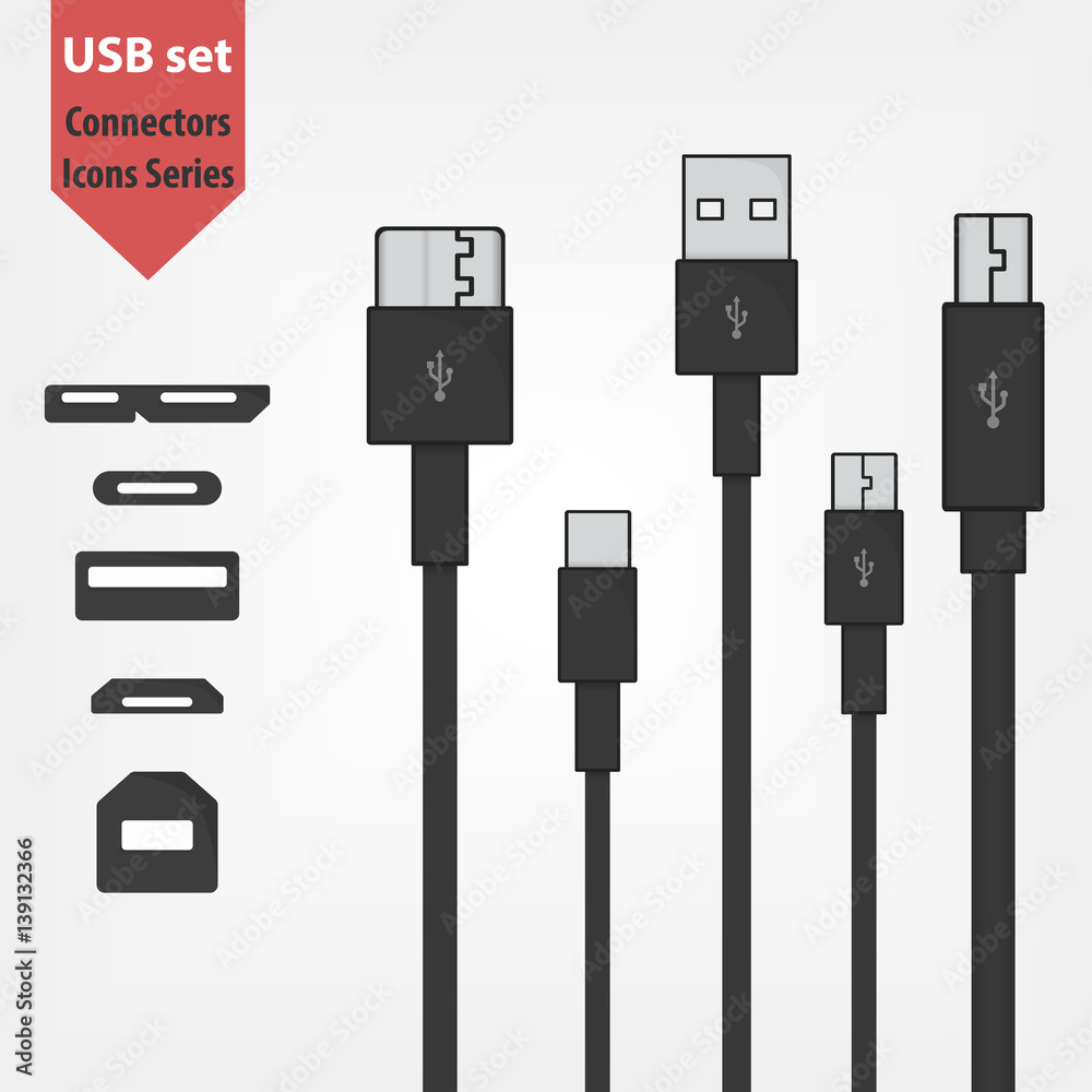 Set of usb connectors. USB 3.0 type A and B, micro and mini USB cables ...