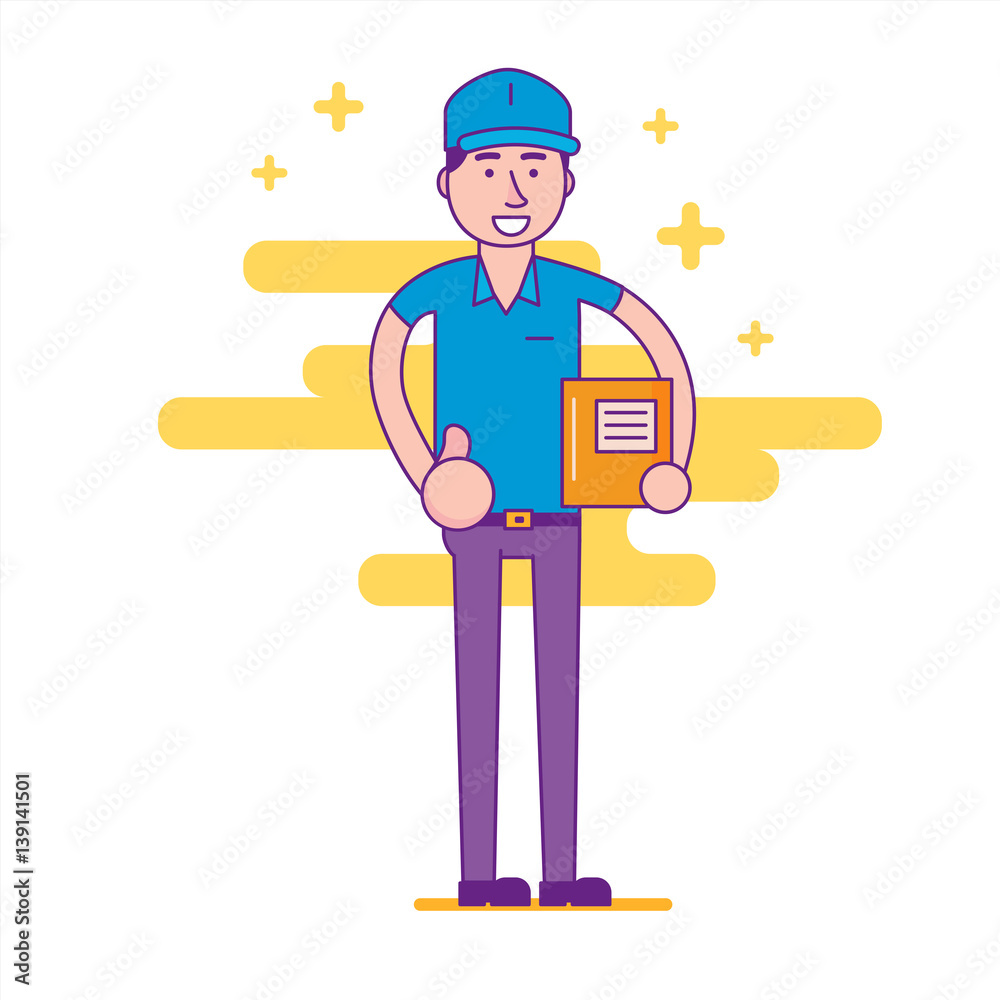 Logistics company courier or delivery man in standing and showing thumb ...