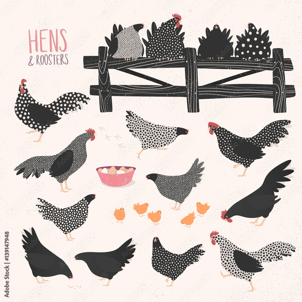 Vector set of various hens and roosters Stock Vector | Adobe Stock