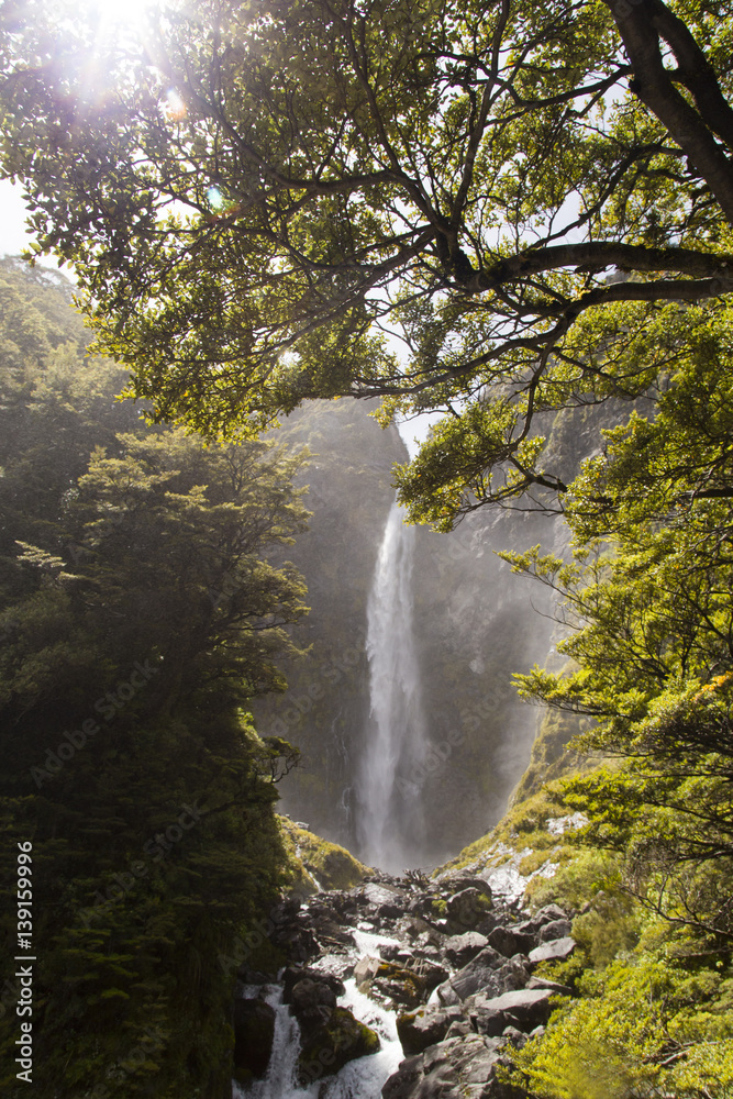 Devils Punchball waterfalls in New Zealand ภาพถ่ายสต็อก | Adobe Stock