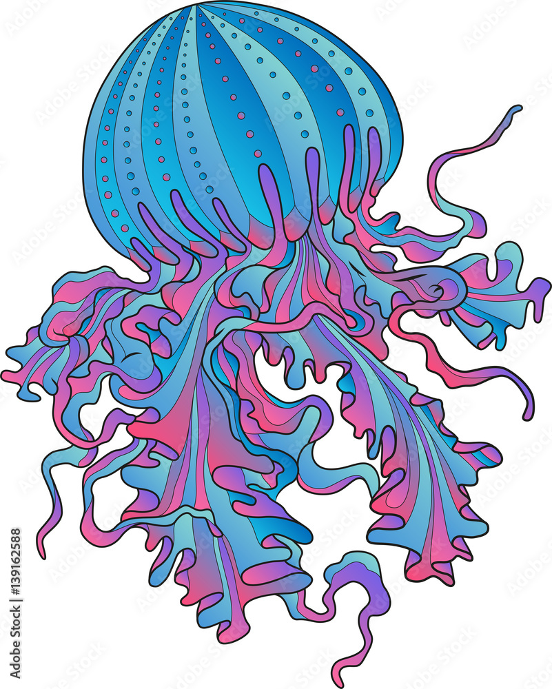 Vector illustration of a cyan jellyfish swimming Stock Vector | Adobe Stock