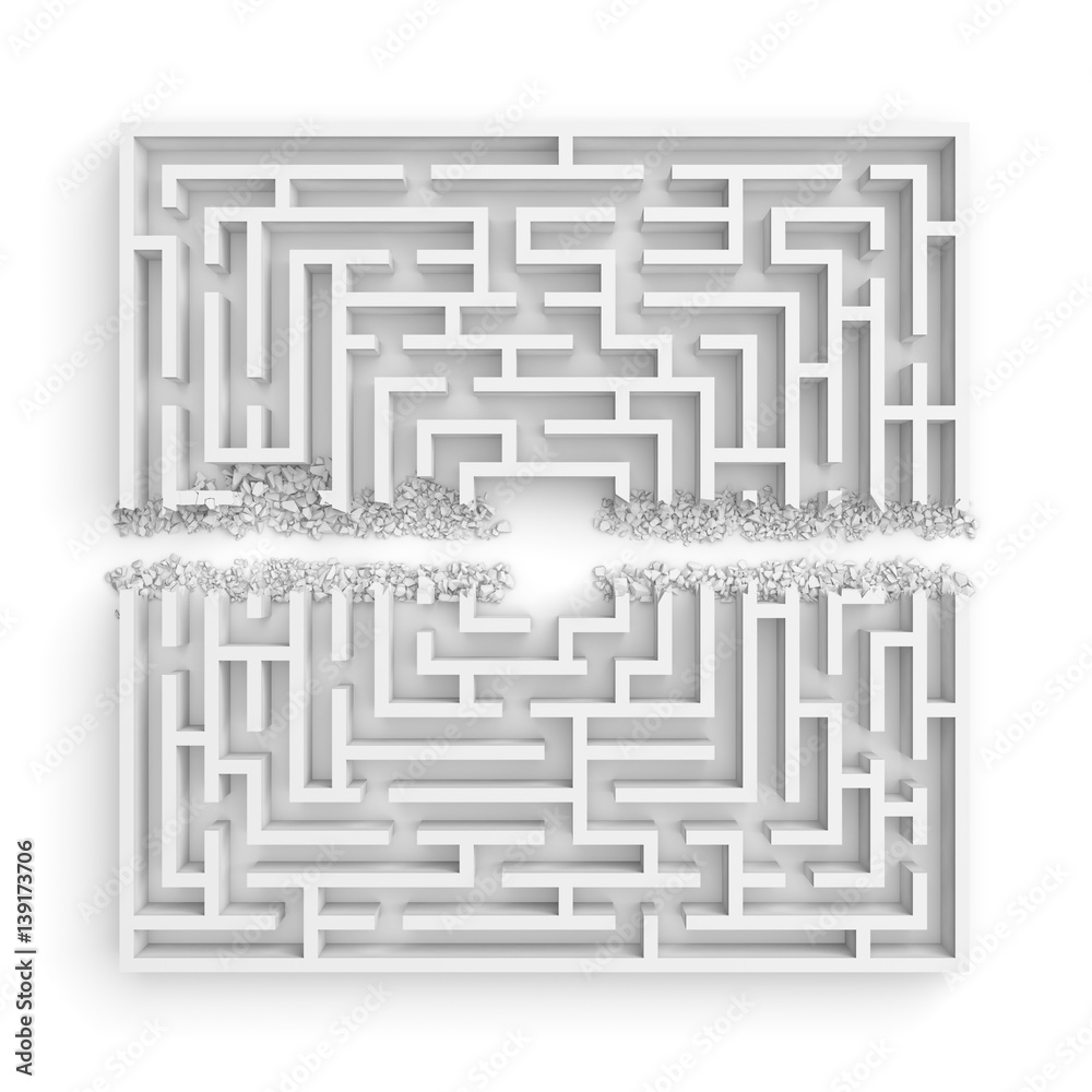 3d rendering of a white maze in front bottom view cut in straight line ...
