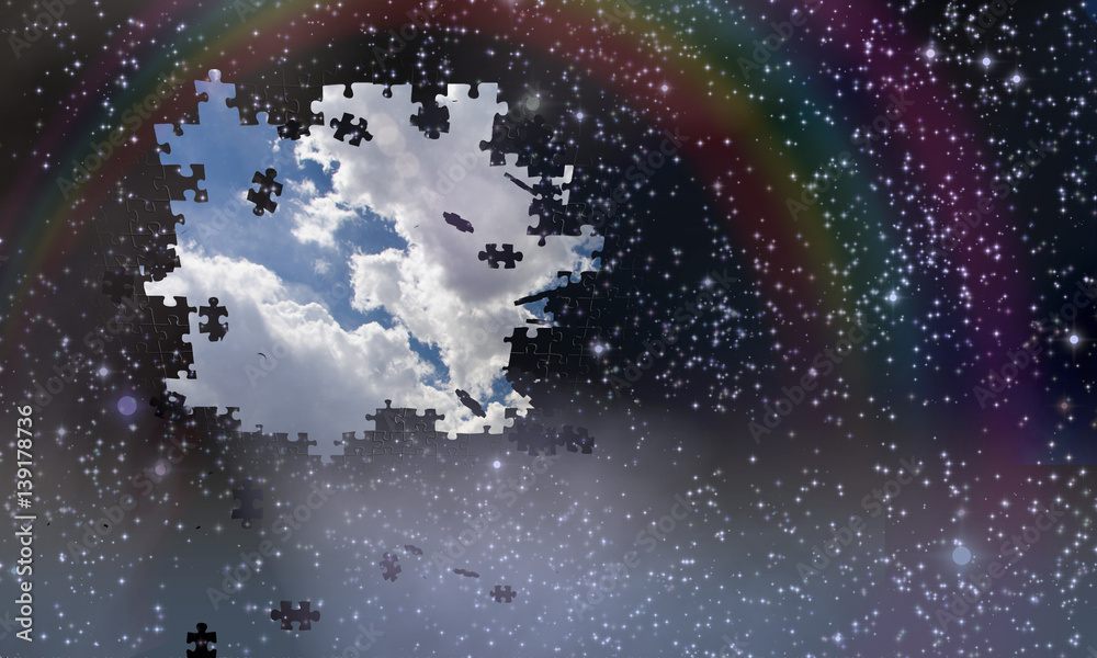 Puzzle pieces fall from night sky revealing day with rainbow Some ...
