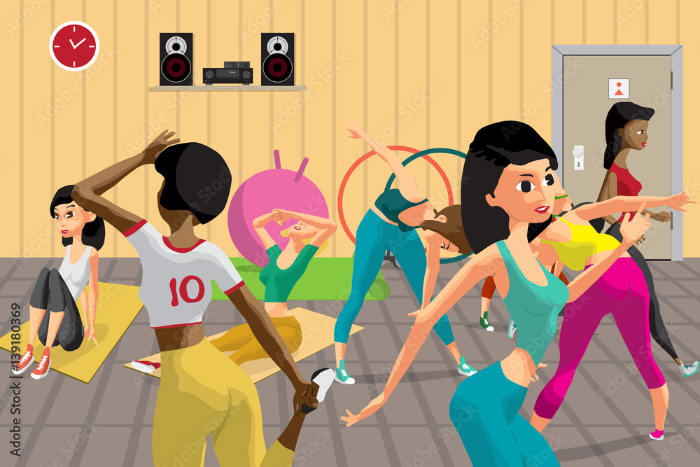 Young women doing fitness group exercises in the gym, under the ...