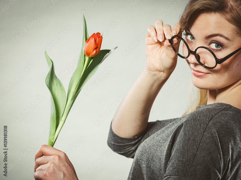Seducive Nerdy Girl Holding Tulip Stock Foto Adobe Stock