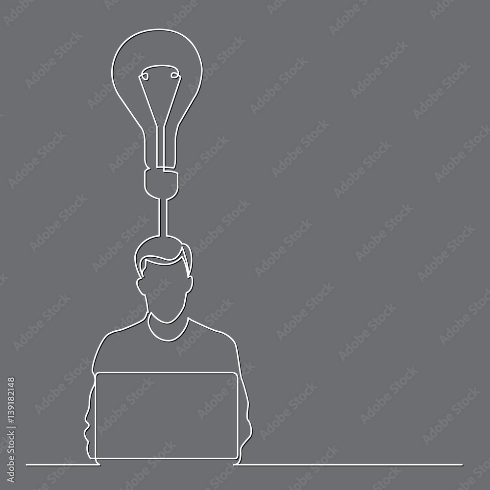 continuous line drawing of man sitting with laptop computer creating a ...