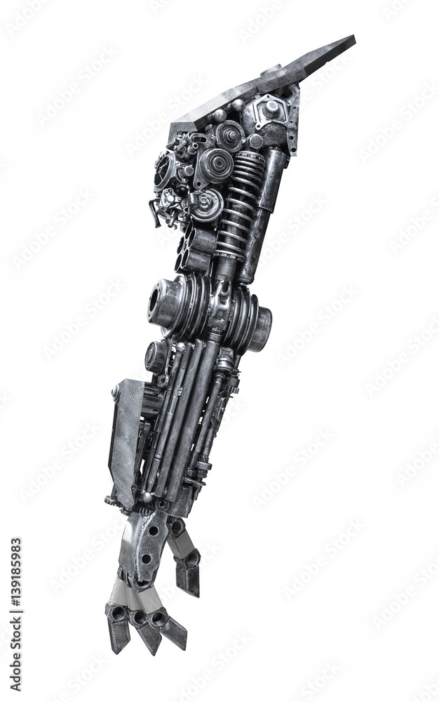 Rear view metallic robot hand made from machine part isolated on white ...