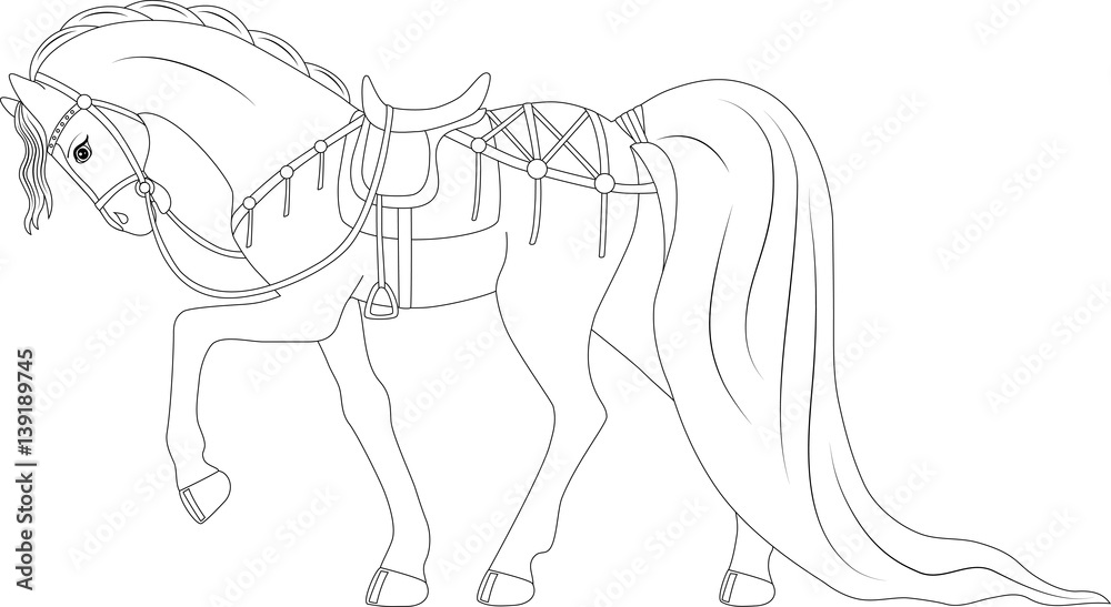 beautiful thoroughbred horse in harness, coloring page Stock Vector ...