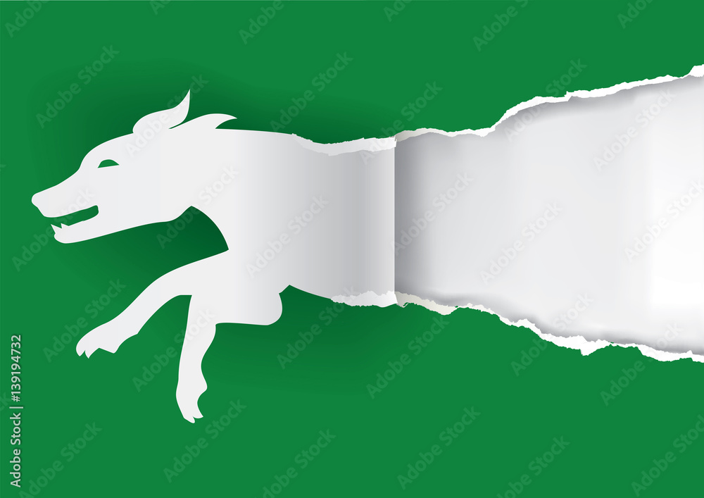 Dog silhouette torn paper background. Paper silhouette of dog ripping ...