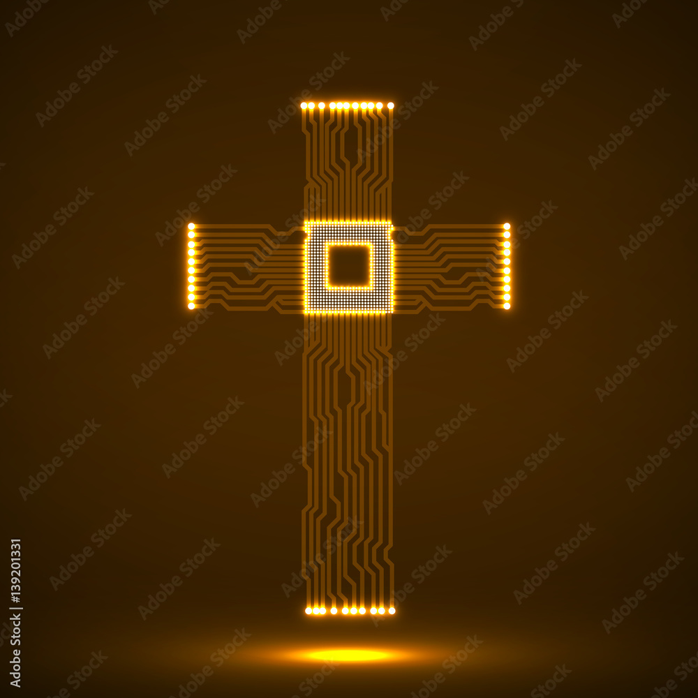 Abstract electronic circuit board in shape of cross with cpu. Christian ...