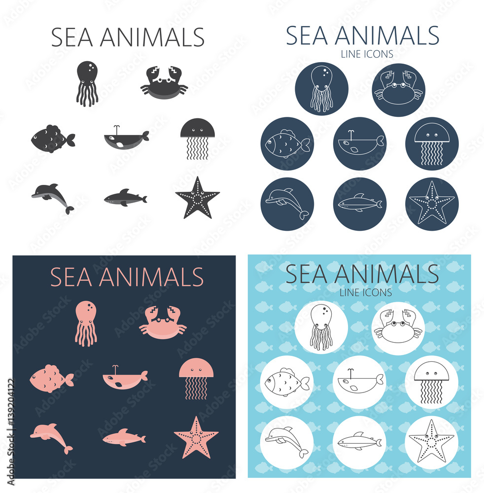 Digital vector image. Black sea animal set in outlines with octopus ...