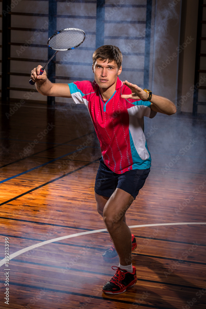 badminton athlete with racket in the gym Stock Photo | Adobe Stock