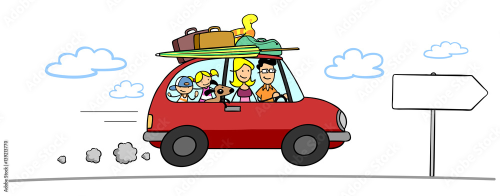 Familie fährt in Sommerurlaub mit Auto Stock Illustration | Adobe Stock