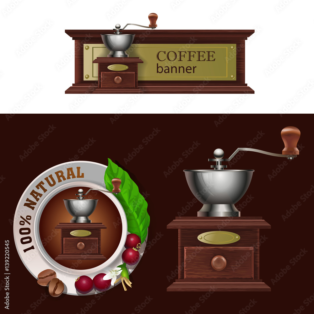 Set of vector banner, badge, sticker with icon coffee grinder Stock ...