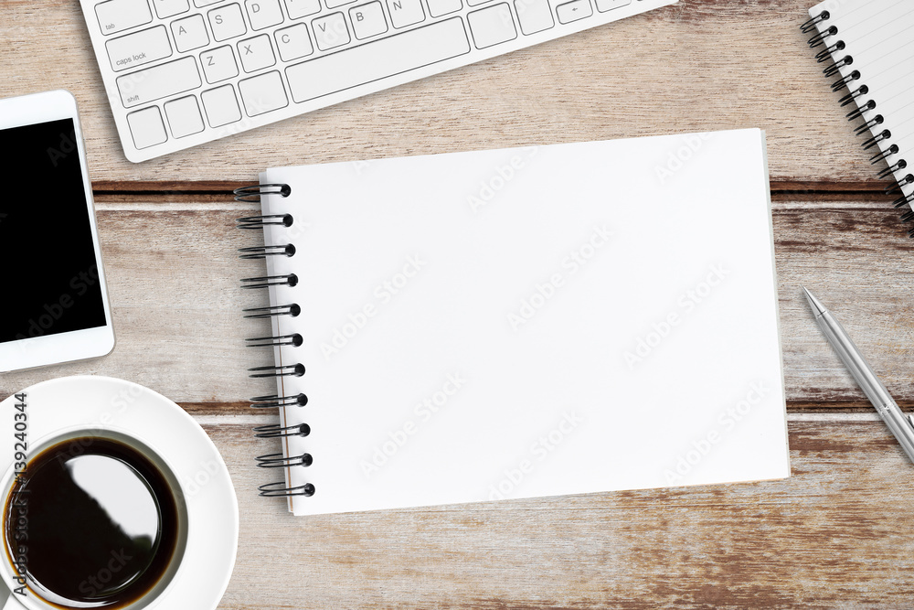 Blank notebook on top of wood office table. Top view, flat lay. Stock ...