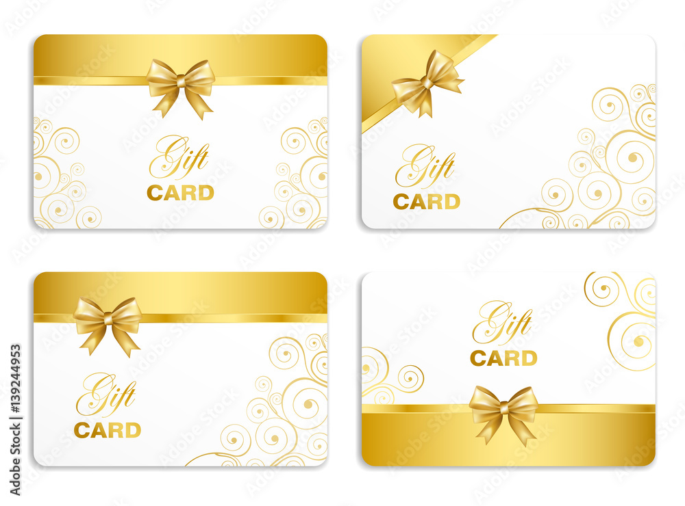 Golden gift card set with curl ornament and bow. Vector illustration ...