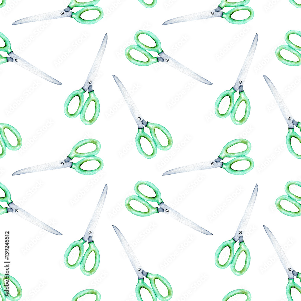 Seamless pattern with watercolor scissors, hand drawn isolated on a ...