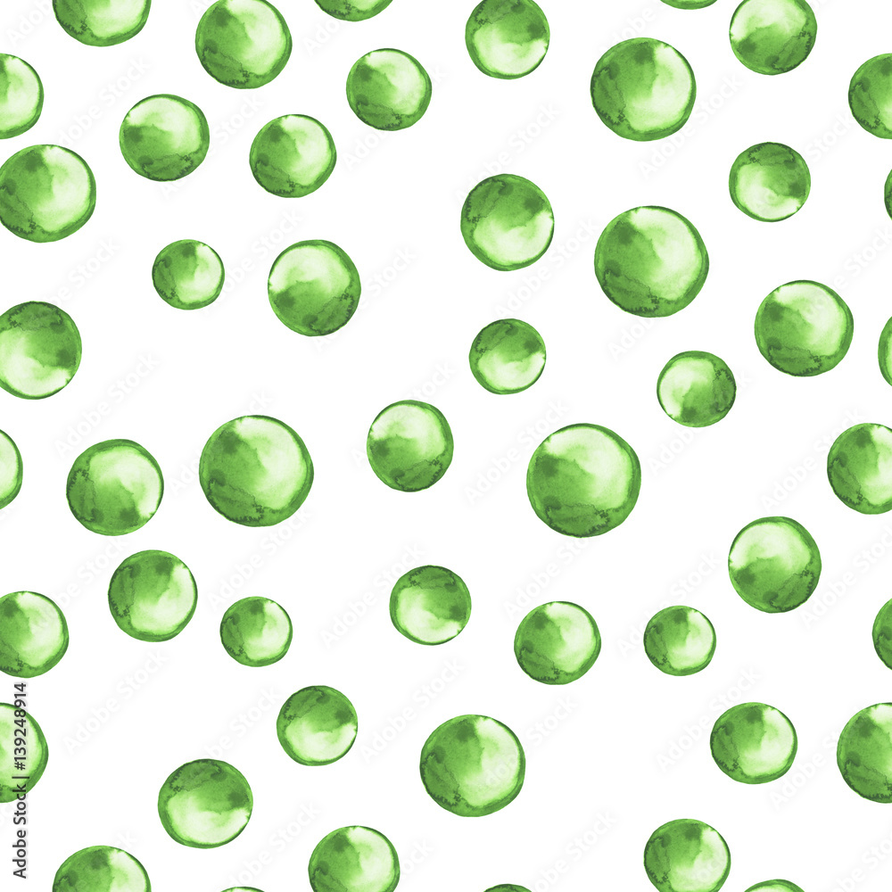 Seamless green polka dot pattern with watercolor stains on white ...