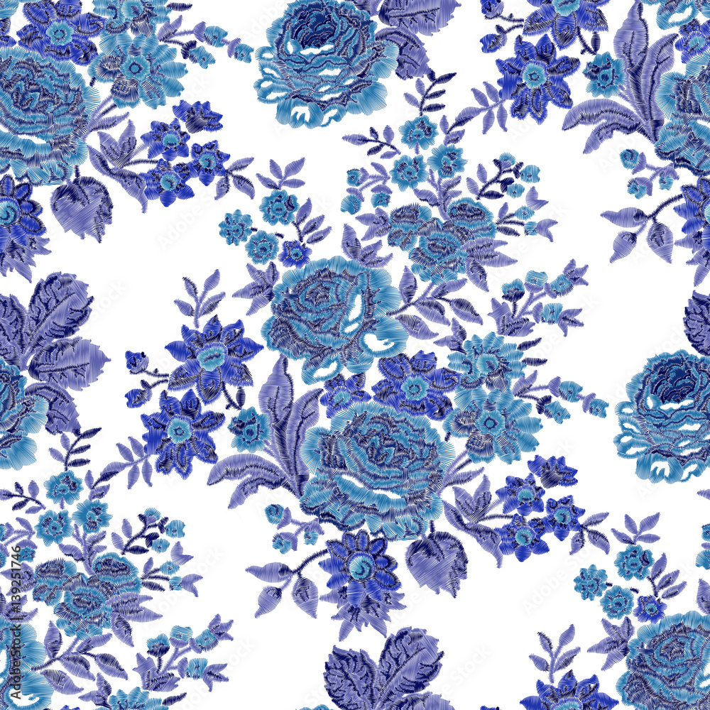 Seamless embroidered floral pattern. Luxurious roses, vintage blue ...