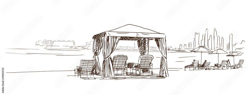 Sketch of Arabic tent on beach. Vector illustration. Stock Vector ...