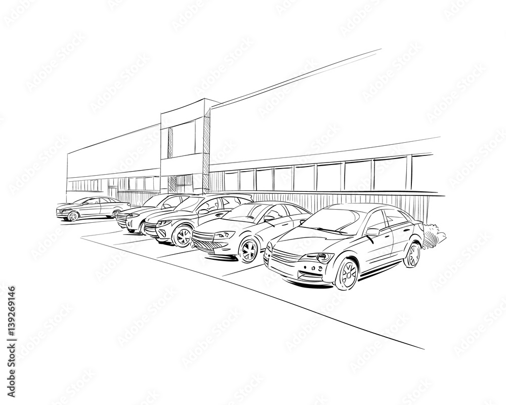 Car showroom exterior design sketch. Hand drawn vector illustration ...