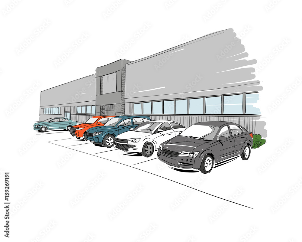 Car showroom exterior design sketch. Hand drawn vector illustration ...