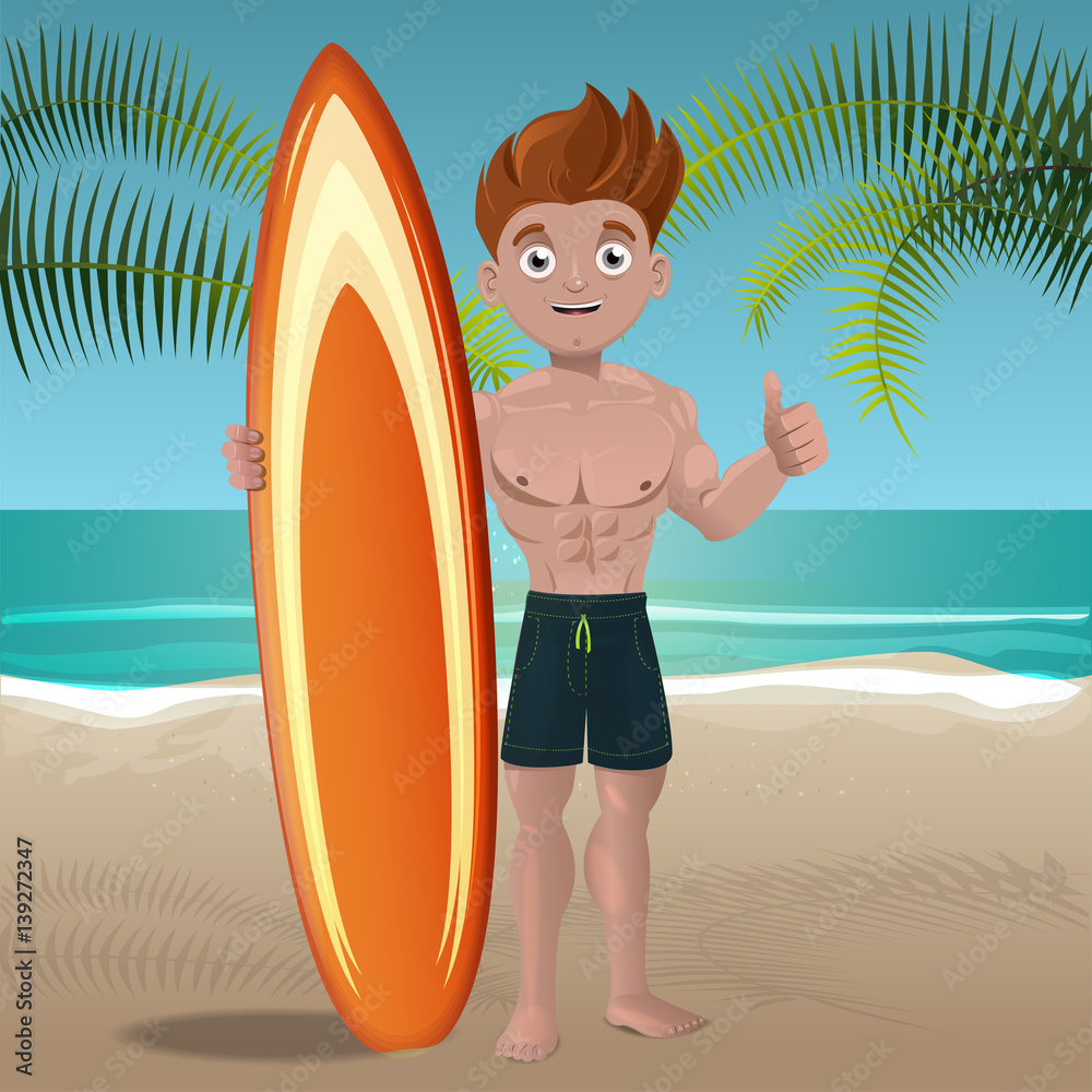 Cartoon surfer on the beach Stock Vector | Adobe Stock