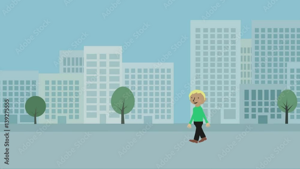 Happy man walking in city. Animated character with flat design. Urban ...