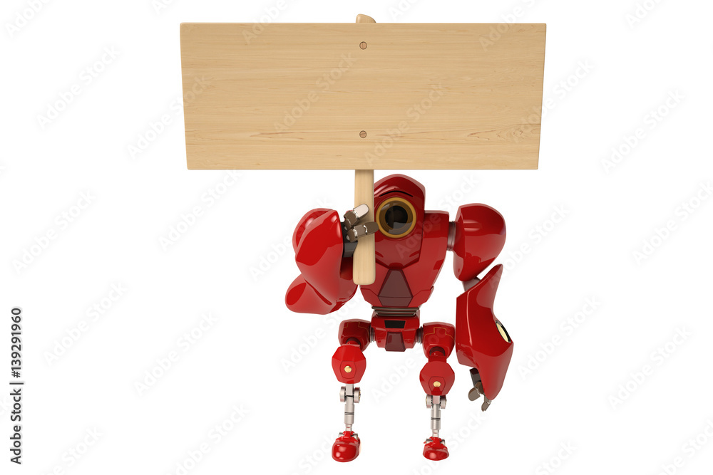 Robot and wooden sign ilustración de Stock | Adobe Stock