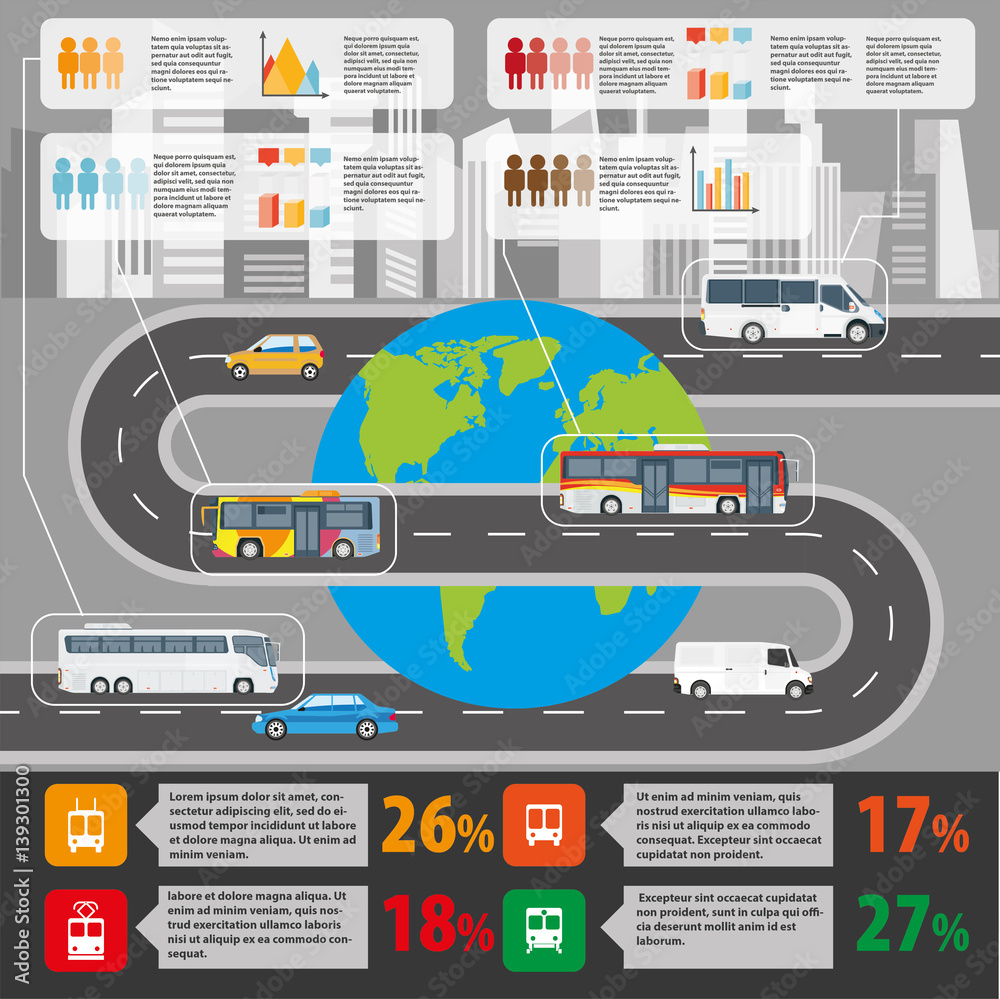 Public transport and passenger statistics vector flat infographics ...