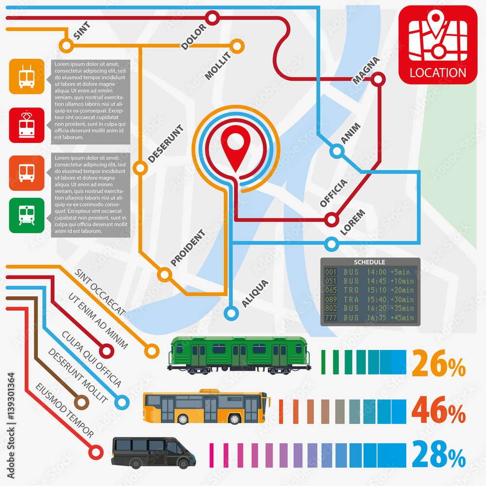 Public transport routes stations statistics vector infographics flat ...