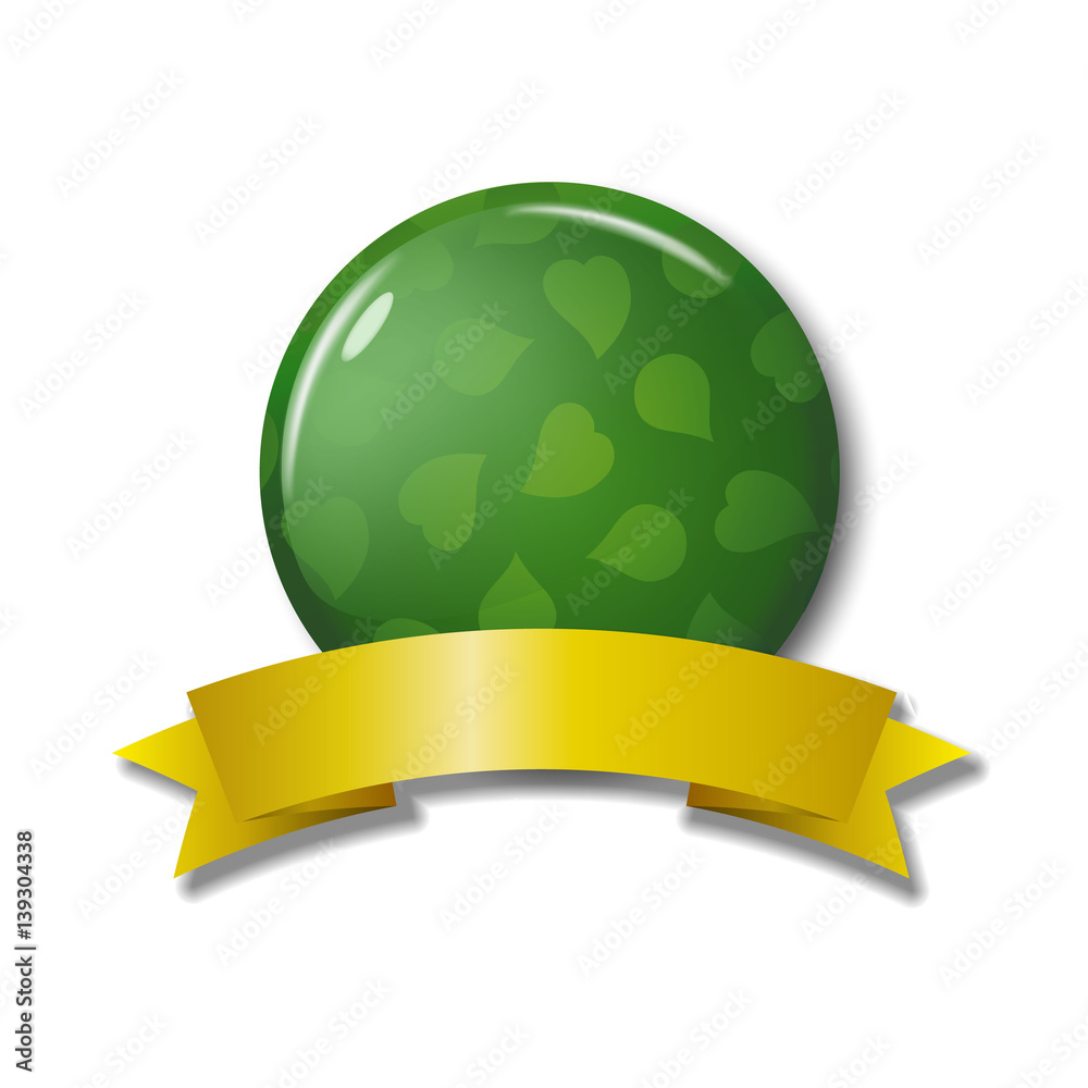 Green round button with leaves and yellow ribbon. Blank tag isolated on ...