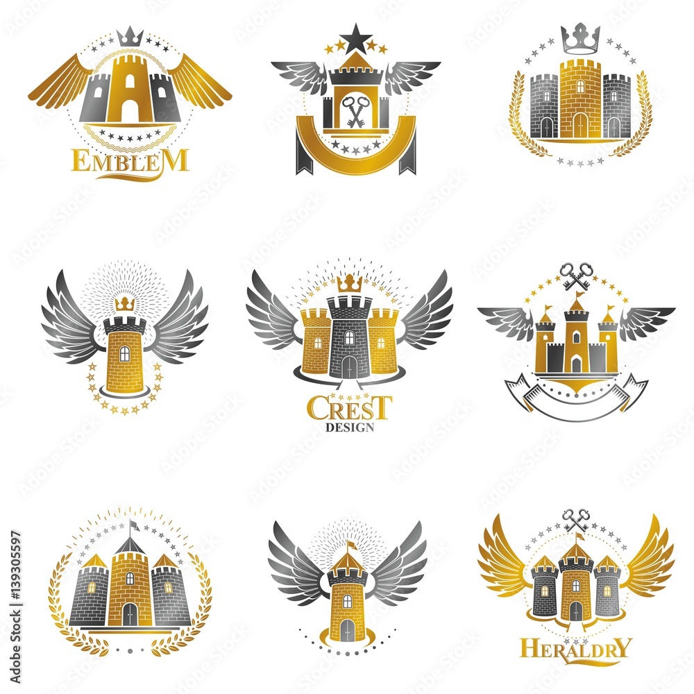 Ancient Forts emblems set. Heraldic Coat of Arms decorative logos ...