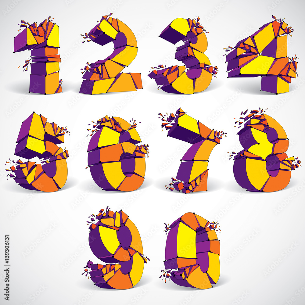 Set of abstract 3d faceted golden numbers with connected black lines ...