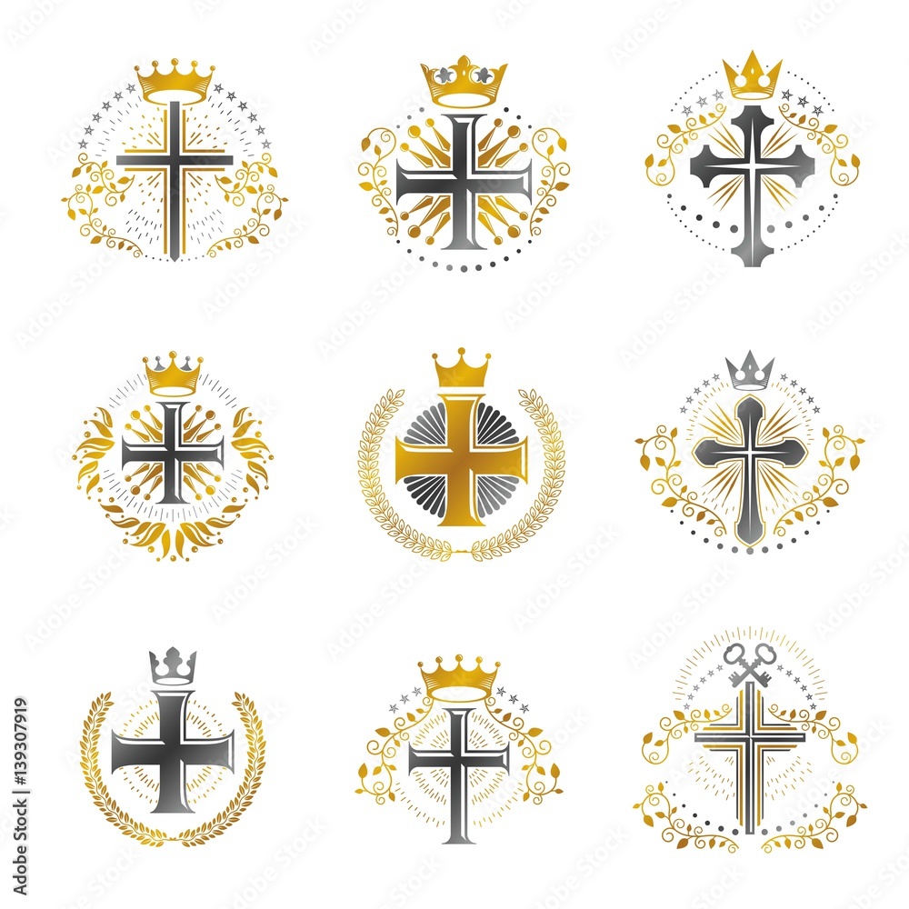 Crosses Religious emblems set. Heraldic Coat of Arms, vintage vector ...
