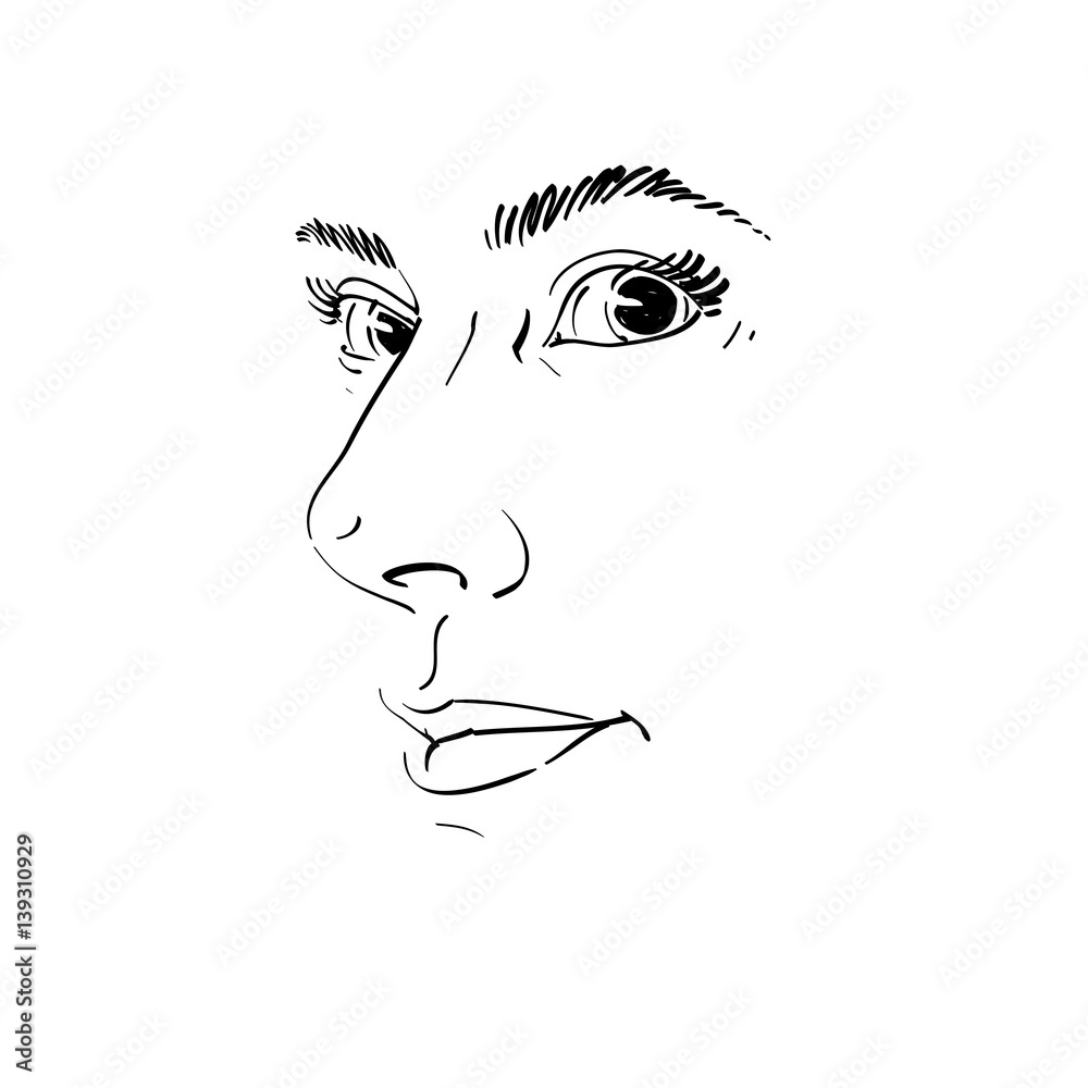 Vector drawing of pensive woman thinking about something. Black and ...
