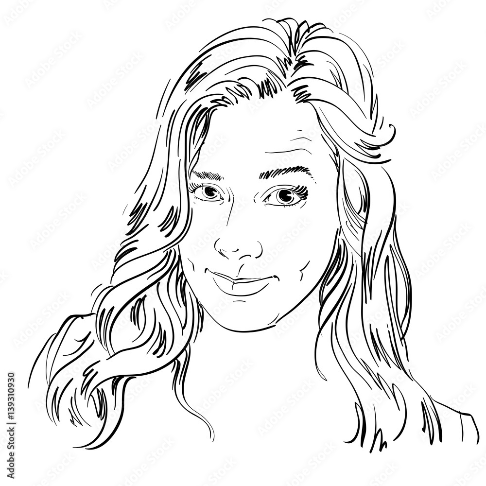 Hand-drawn portrait of white-skin skeptic woman, face emotions theme ...