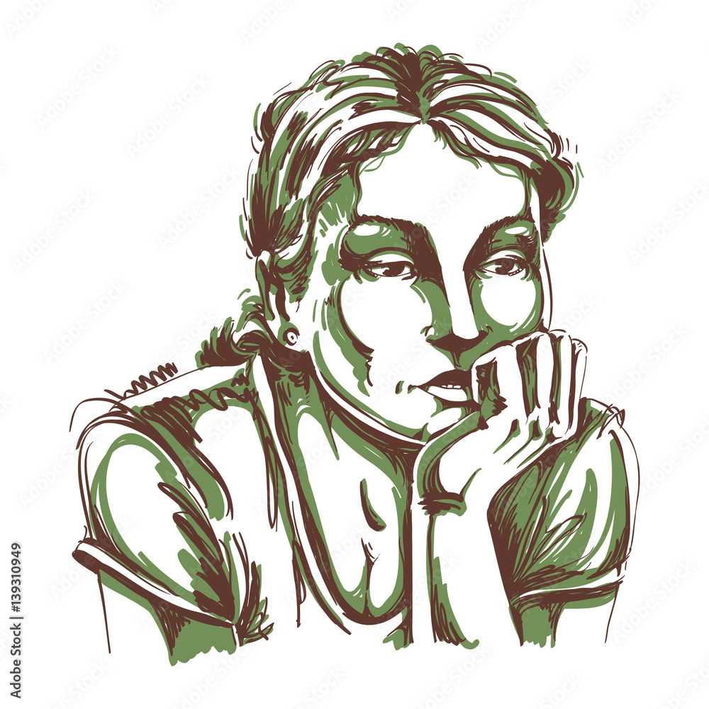 Hand-drawn vector illustration of beautiful romantic and pensive woman ...