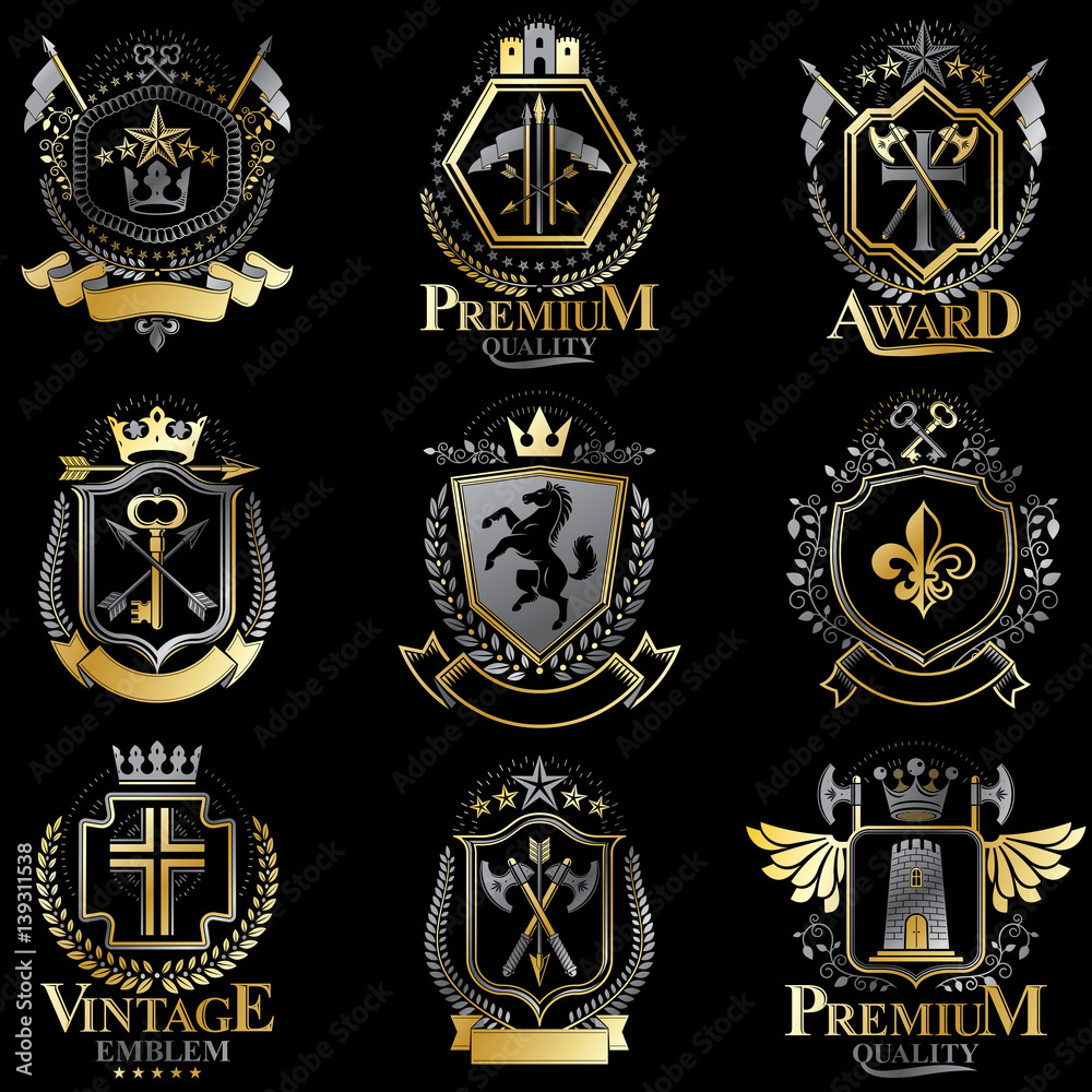 Heraldic Coat of Arms created with vintage vector elements, animals ...