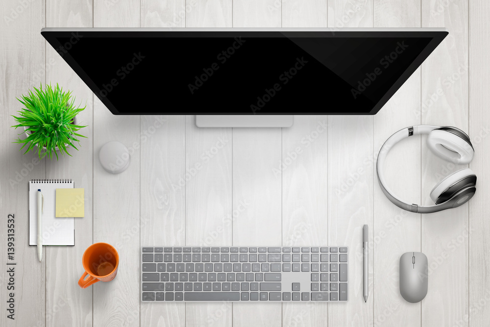 White modern desk with computer display. Free space for text. Top view ...