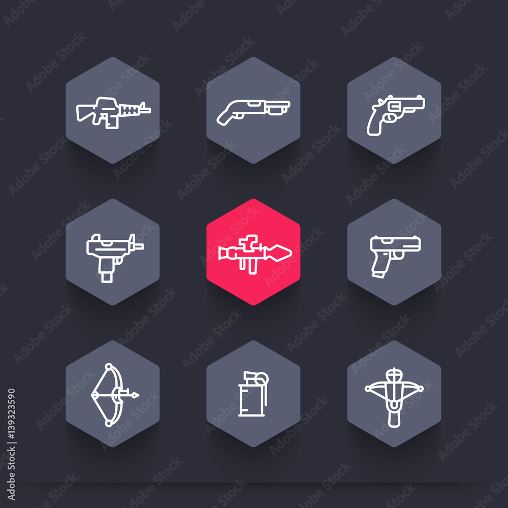 weapons icons set in linear style, rocket launcher, pistol, submachine ...
