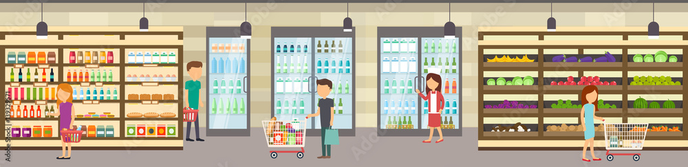 Supermarket store with goods. Big shopping center. Interior store ...