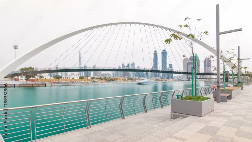 Pedestrian Bridge over the Dubai Water Canal day timelapse, United Arab ...