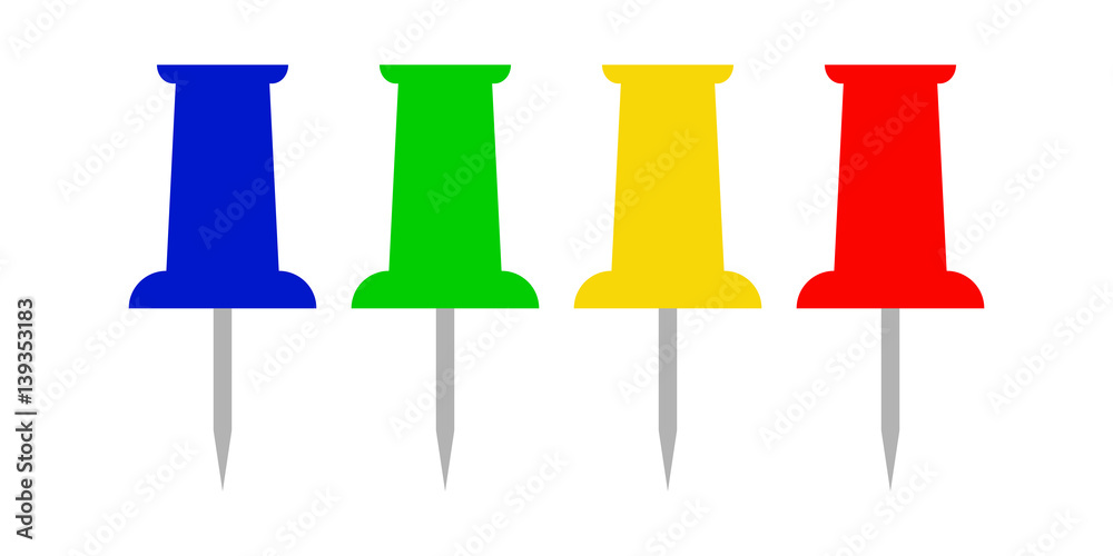 Four push pin icons, green,yellow, red and blue on white background ...