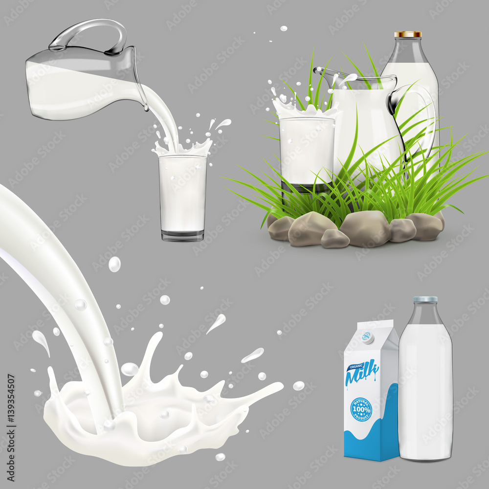 Set of splashing and pouring milk, glass, packaging carton and ...