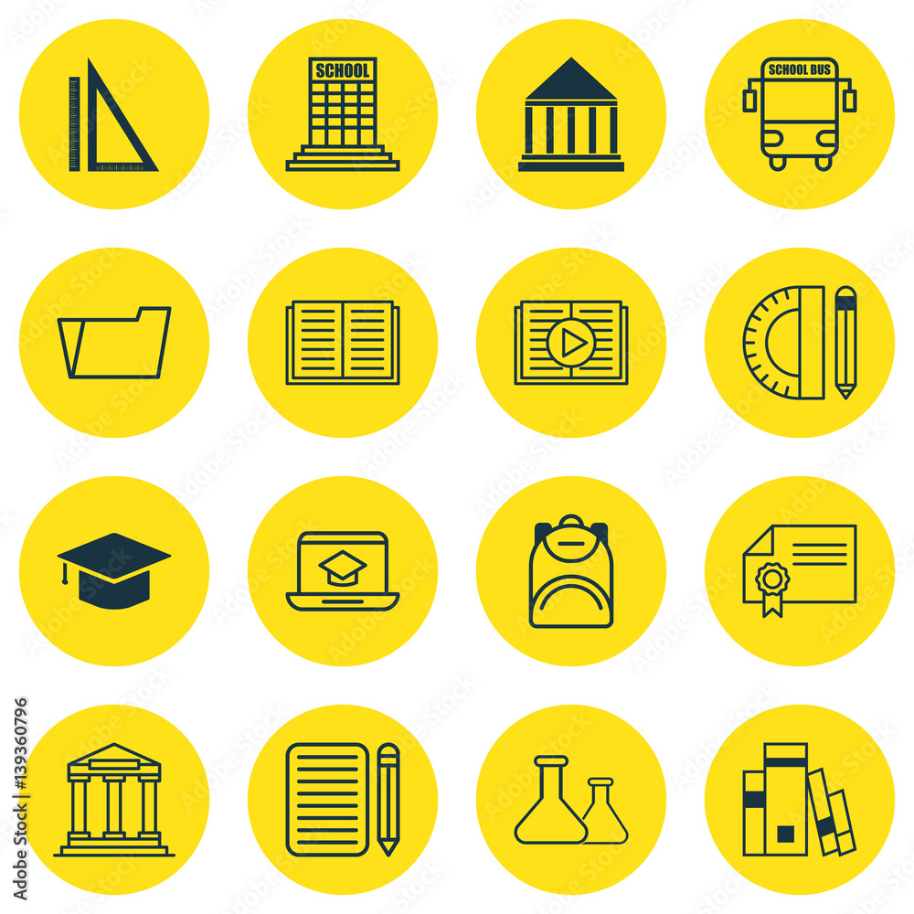 Set Of 16 School Icons. Includes Graduation, Library, Education Center ...
