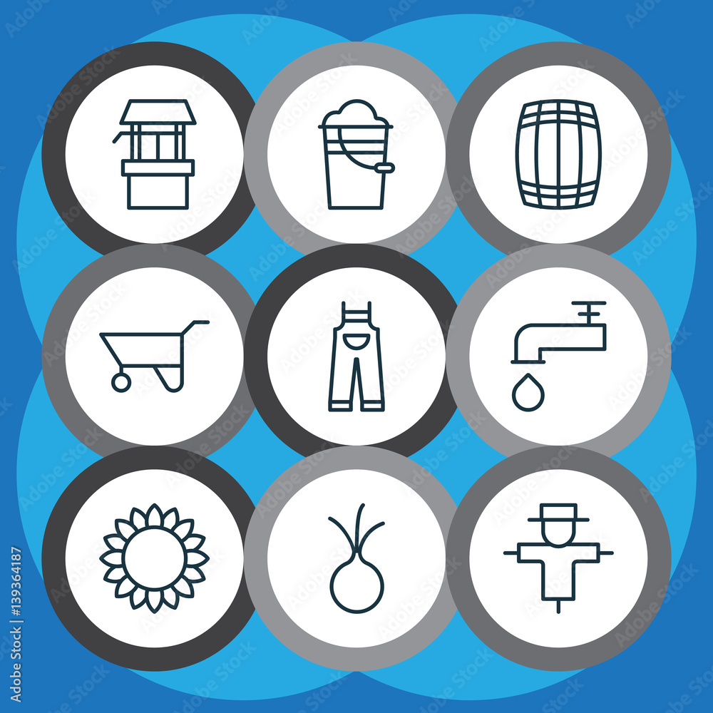 Set Of 9 Farm Icons. Includes Water Source, Wheelbarrow, Bucket And ...