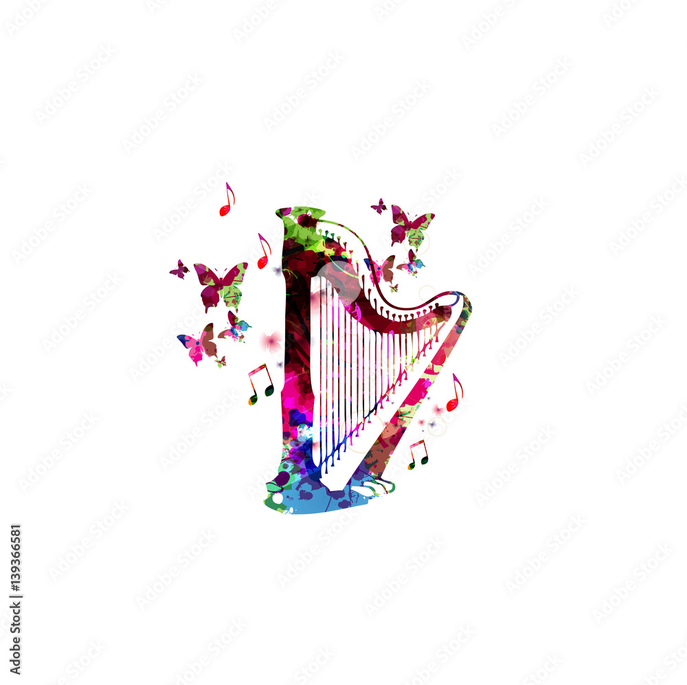 Colorful concert harp with butterflies isolated vector illustration ...