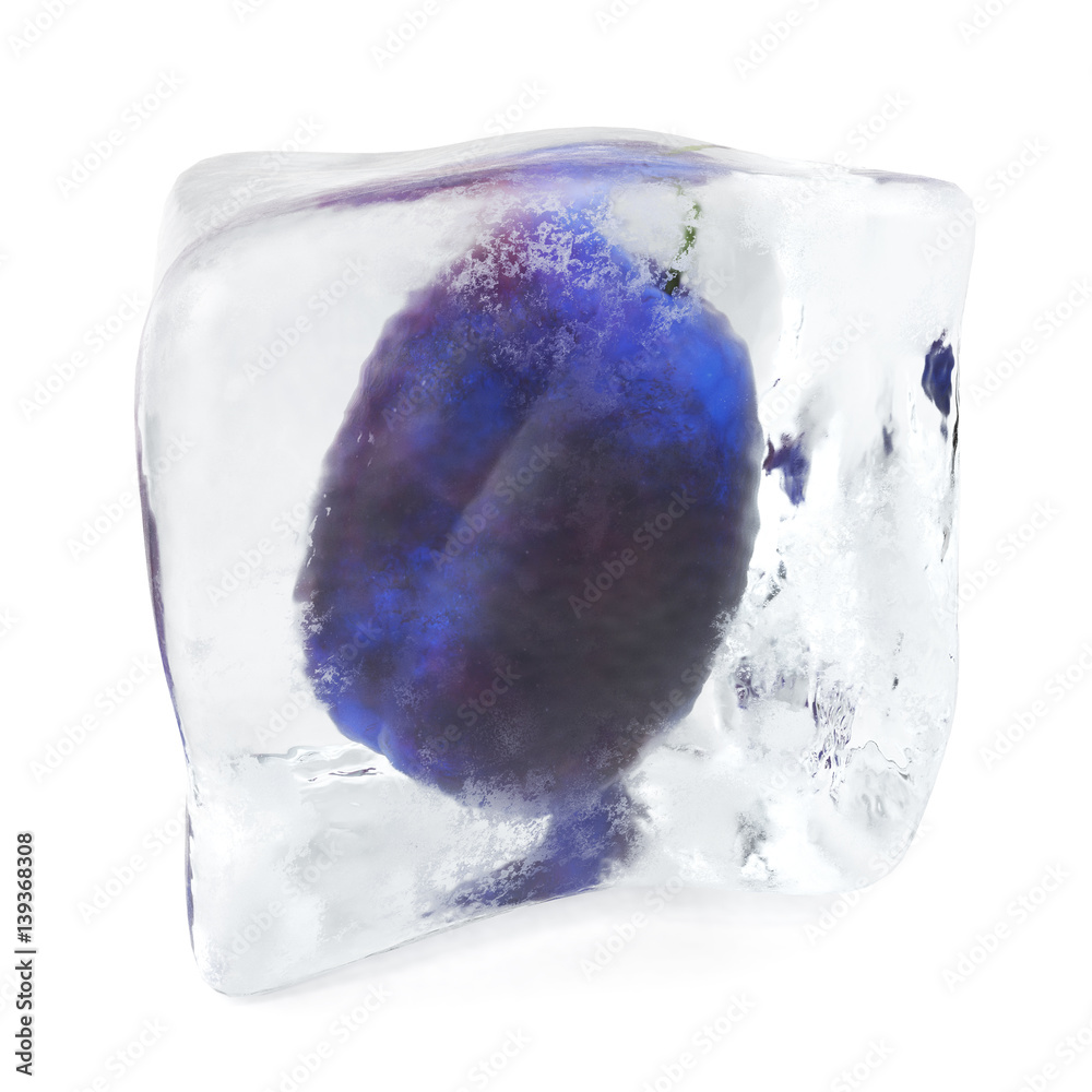 Plum frozen in ice cube, ice cube in front view, single ice cube ...