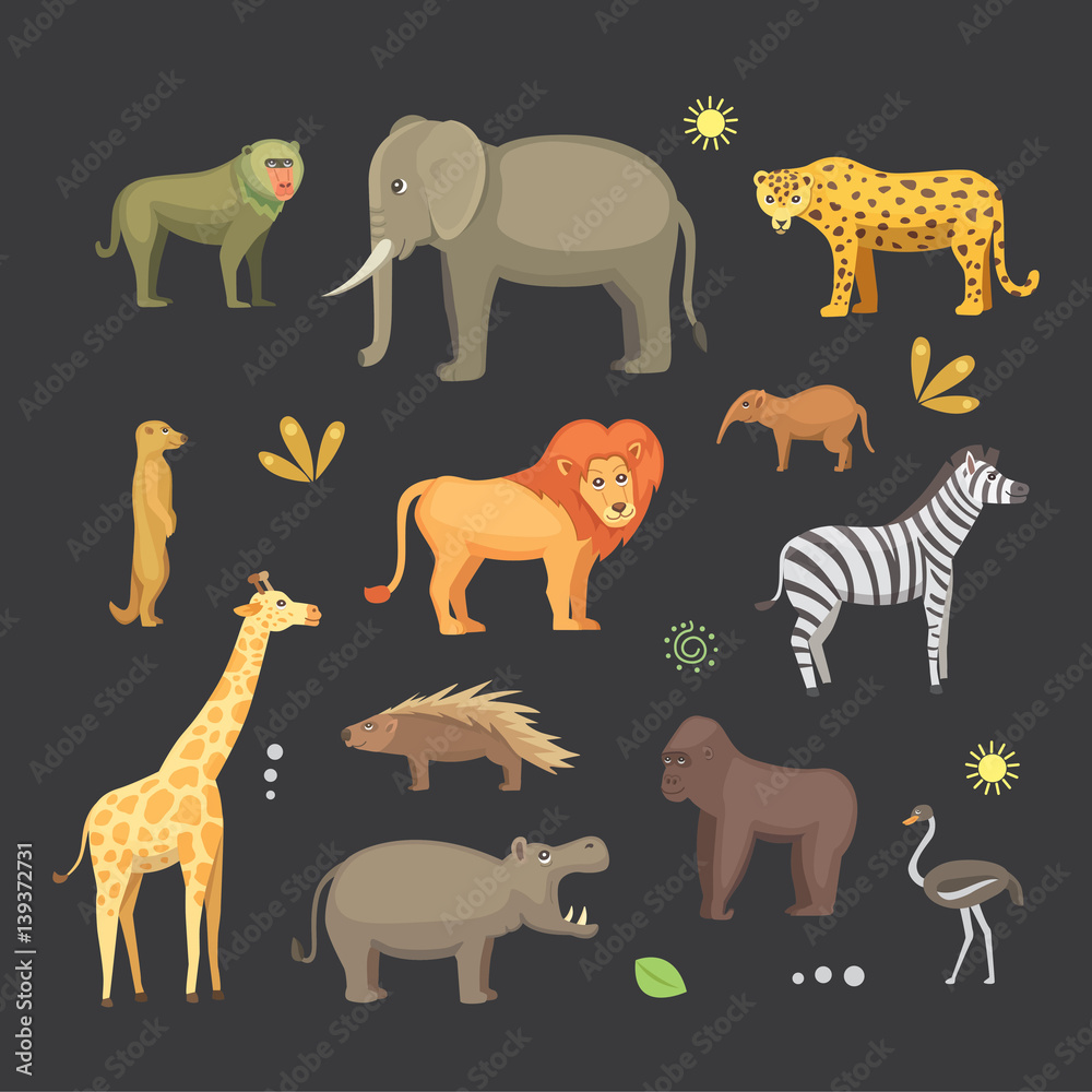 African animals cartoon vector set. elephant, rhino, giraffe, cheetah ...